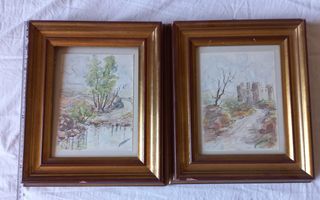 Coppia di disegni a china acquerellati vintage