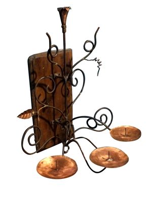 Candeliere Rame ferro battuto Base legno antico