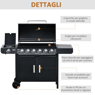 Barbecue a Gas con Coperchio, 7 Bruciatori da 20kW