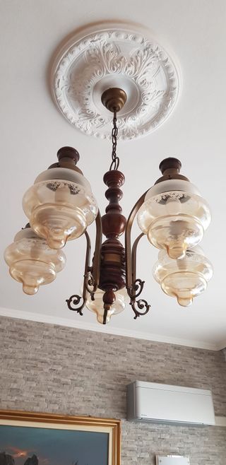 Lampadario ottone brunito e vetro serigrafato 