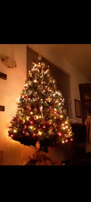 albero di natale con puntale, fiocchi e palline 