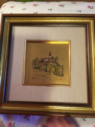 Quadretto alpino dipinto a mano su foglia d'oro