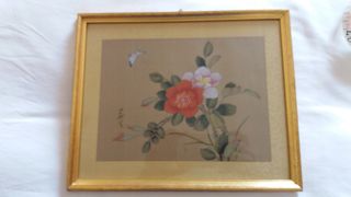 Quadro cornice in legno oro fiori farfalla rosa