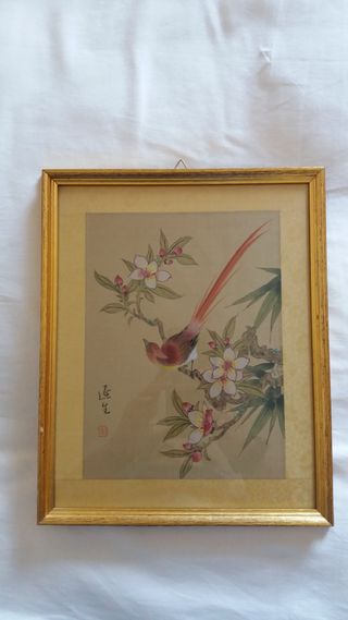 Quadro cornice in legno oro fiori rosa uccello
