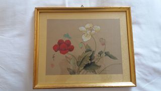 Quadro cornice in legno oro fiori bianco rosso