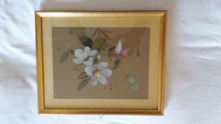 Quadro cornice in legno oro fiori bianco vintage