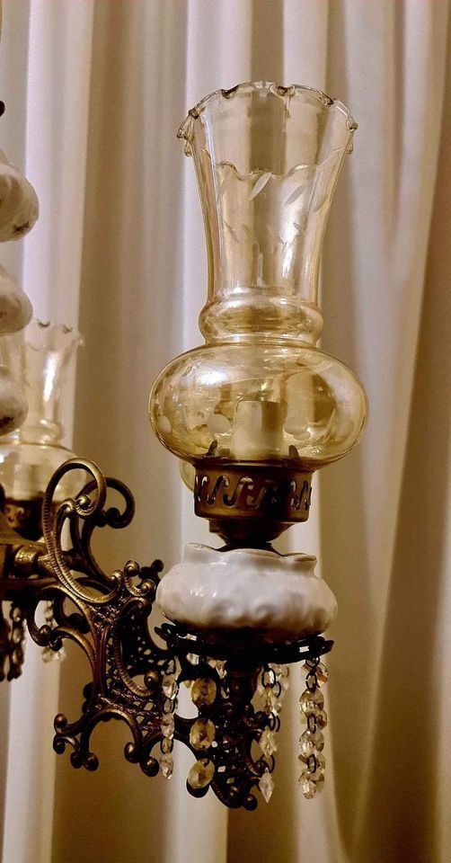 Antico lampadario bronzo/ottone e porcellana 6luci Foto-5