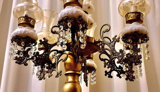 Antico lampadario bronzo/ottone e porcellana 6luci Foto-8