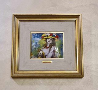 Quadro ragazza con cane renoir su ceramica 33,5x30
