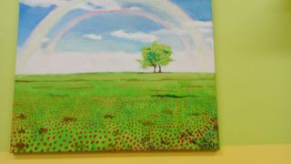 Arcobaleno sul campo di papaveri. Olio su tela.