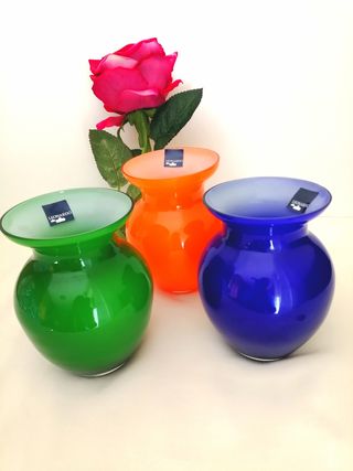  tre vasetti in vetro blu verde arancione 