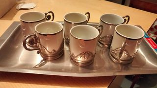 6 tazzine da caffè+vassoio in acciaio 