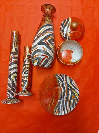 Set di vasi + ciotola + vassoio di vetro zebrato