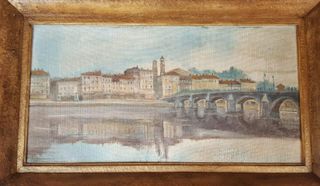 Dipinto olio su tela ▪ "Veduta di città dal fiume"