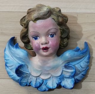 Angelo antico In Legno Scolpito e dipinto a mano