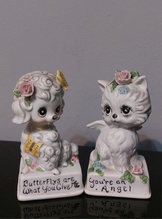 Coppia statuette in ceramica cane e gatto