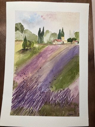 Acquerello originale panorama con lavanda