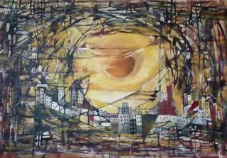 quadro città al tramonto