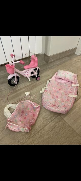 set bicicletta, trasportino e borsetta per bambole