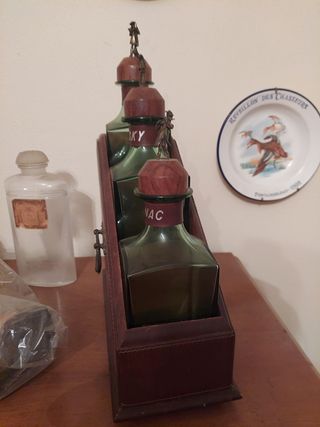 bottiglie per liquori, contenitore legno e pelle 