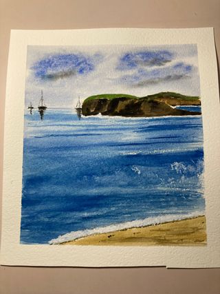 Acquerello originale panorama mare e barche