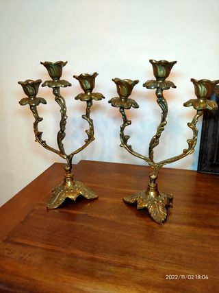 Coppia di candelabri vintage in ottone 3 bracci