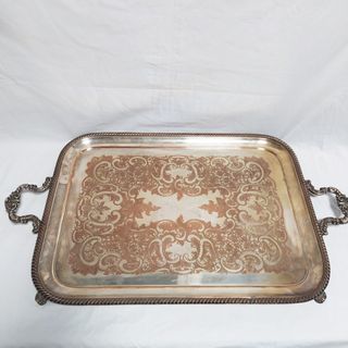 Vassoio in metallo decorato inciso rame argentato