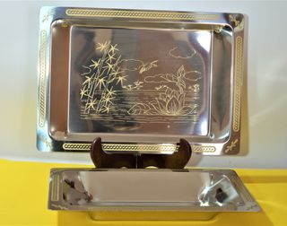 Coppia vassoio e cestino pane in acciaio inox