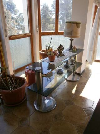 CONSOLLE DUE RIPIANI VETROE ACCIAIO ANNI '70