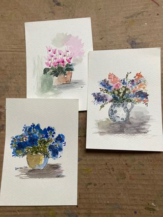 Set 3 cartoline vasi fiori ad acquerello e china