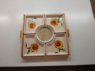 Antipastiera con vassoio legno e 5 piatti ceramica
