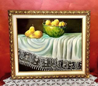 quadro olio su tela Pere su tovaglia drappeggiata