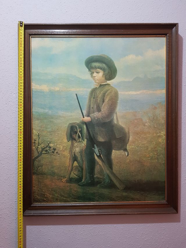 Cuadro antiguo, niño cazador con perro de segunda mano por 10 EUR en ...
