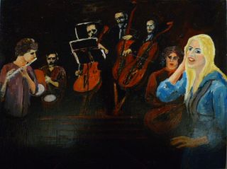 Dipinto olio su tavola - Orchestra in esibizione.