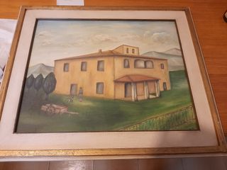 Quadro a Olio raffigurante casolare uomo cane