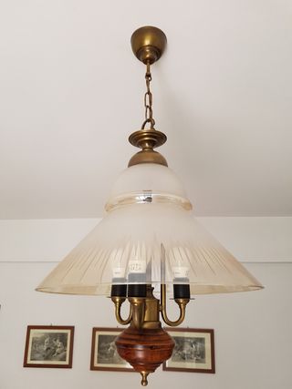 Lampadario in vetro/legno/ottone N.3punti luce