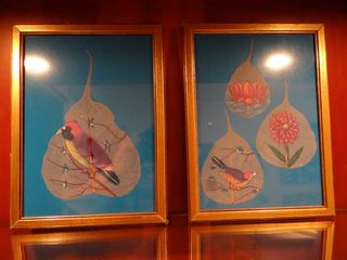 4 Quadretti, soggetti dipinto a mano su foglie 