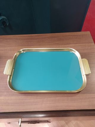 vassoio anni 50 in ottone piano vetro verde 