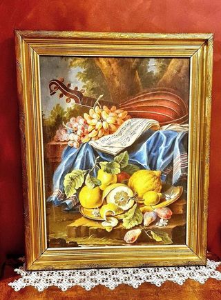 quadro natura morta mandolino e spartito su tela