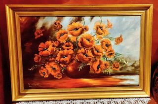 Quadro olio su tela composizione di papaveri 