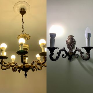 Lampadario e coppia di applic anni '60 in ottone