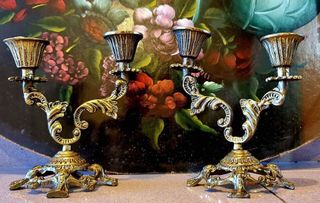 Antica coppia di candelabri a 2 fiamme h.14,5cm