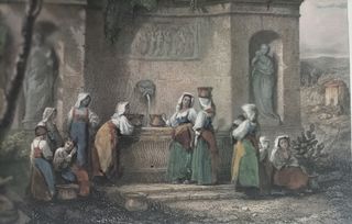 La fontana a Gaeta stampa antica originale 1850 ca