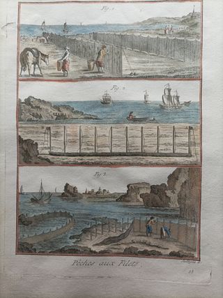 1765 Stampa antica Diderot Pesca con la rete