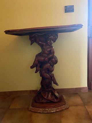 Consolle con colonna in legno intarsiato