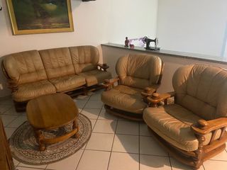 Poltrone e divani in pelle. Tavolino in legno.