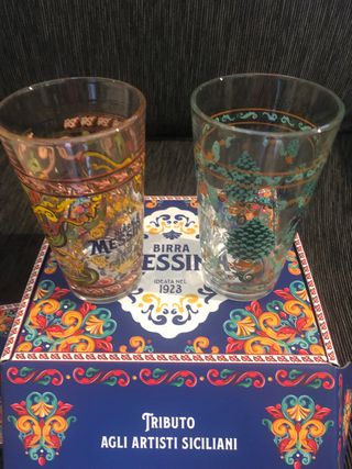 Set due bicchieri nuovi "Birra Messina " decorati