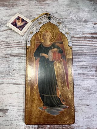 Icona di angelo con tamburo con bordi in argento