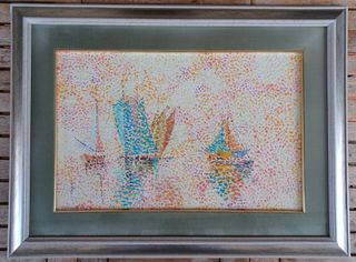 Dipinto firmato puntinismo stile Signac barche