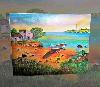 Tempera su tela di paesaggio marino Siciliano
